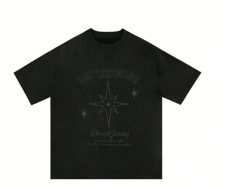 Men Star And Slogan Embroidery Drop Shoulder Tee Etsy