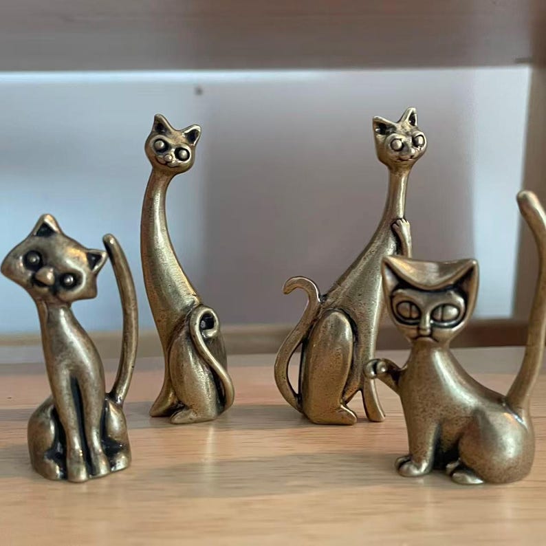 Standing Brass Cat Figurine, Vintage Style Feline Statue for Desk ...