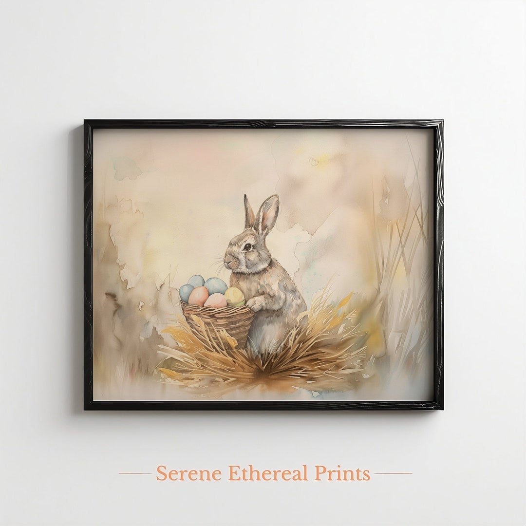 Easter Bunny Basket Printable Art, Watercolor Painting, Farmhouse Decor ...