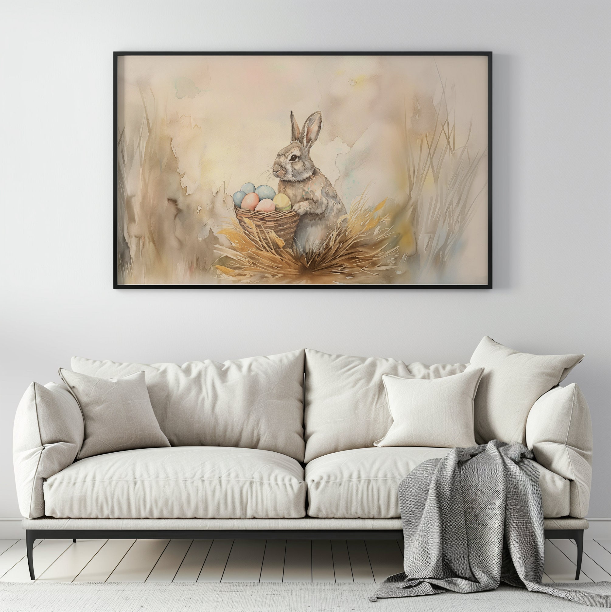 Easter Bunny Basket Printable Art, Watercolor Painting, Farmhouse Decor ...