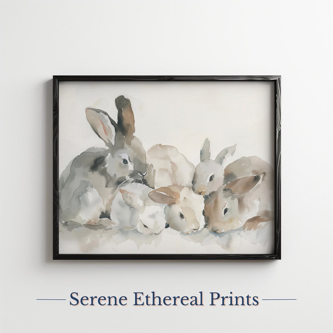 Cute Bunnies Cuddled up Watercolor Art - Farmhouse Decor Digital ...