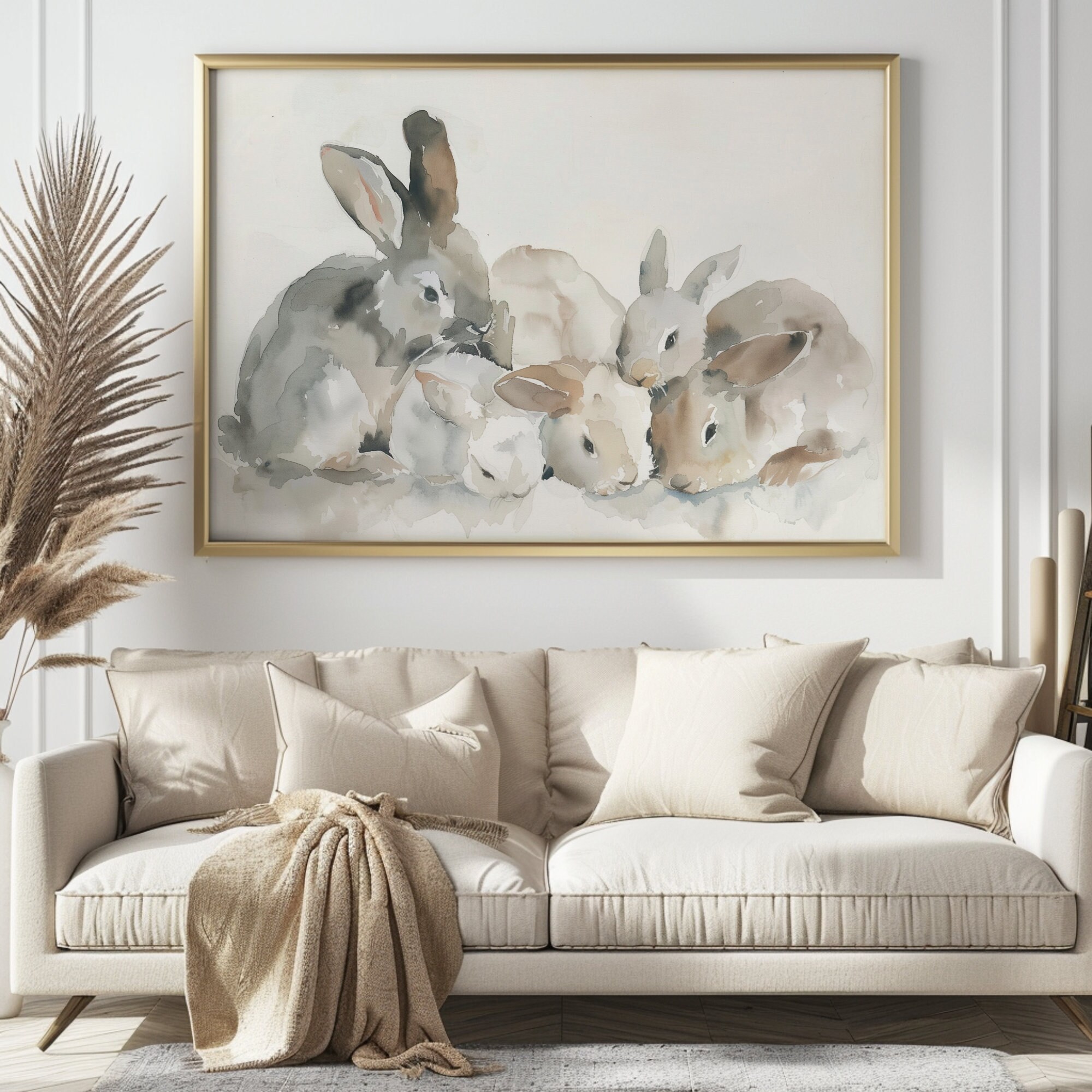 Cute Bunnies Cuddled up Watercolor Art - Farmhouse Decor Digital ...