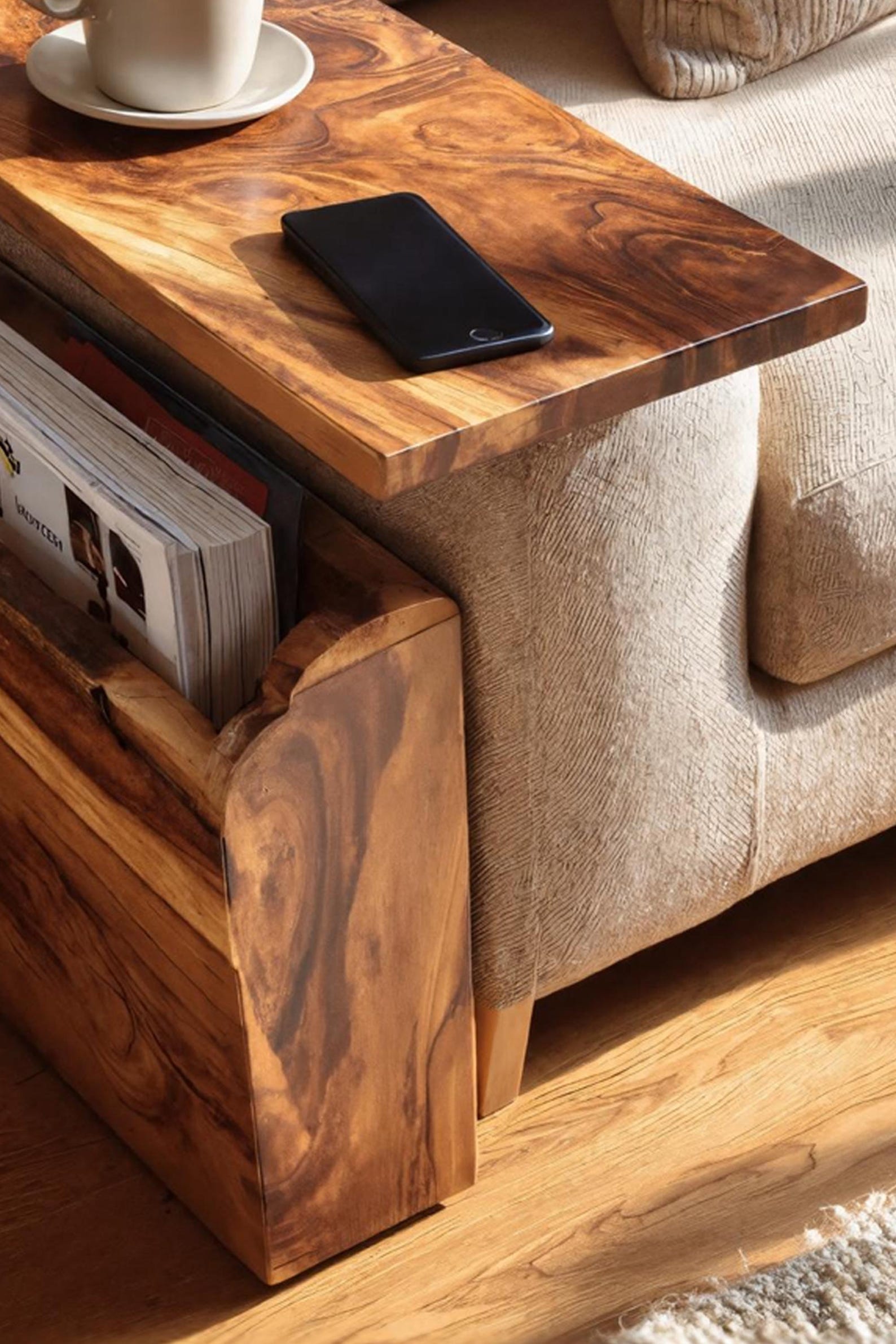 Rustic Sofa Arm Rest Table Wrap Natural Wooden Wood Couch Table ...