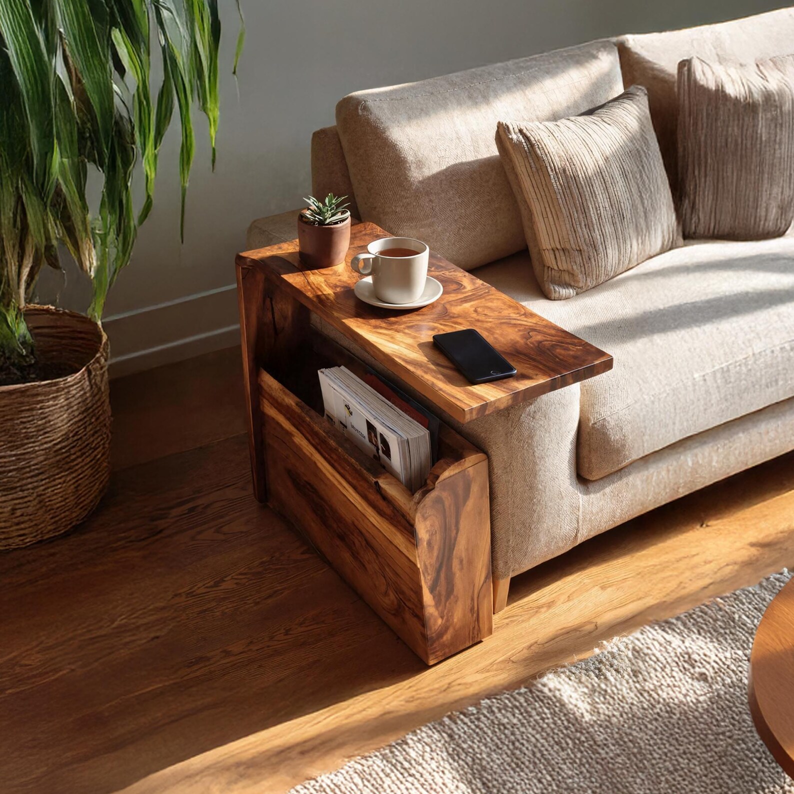 Rustic Sofa Arm Rest Table Wrap Natural Wooden Wood Couch Table ...