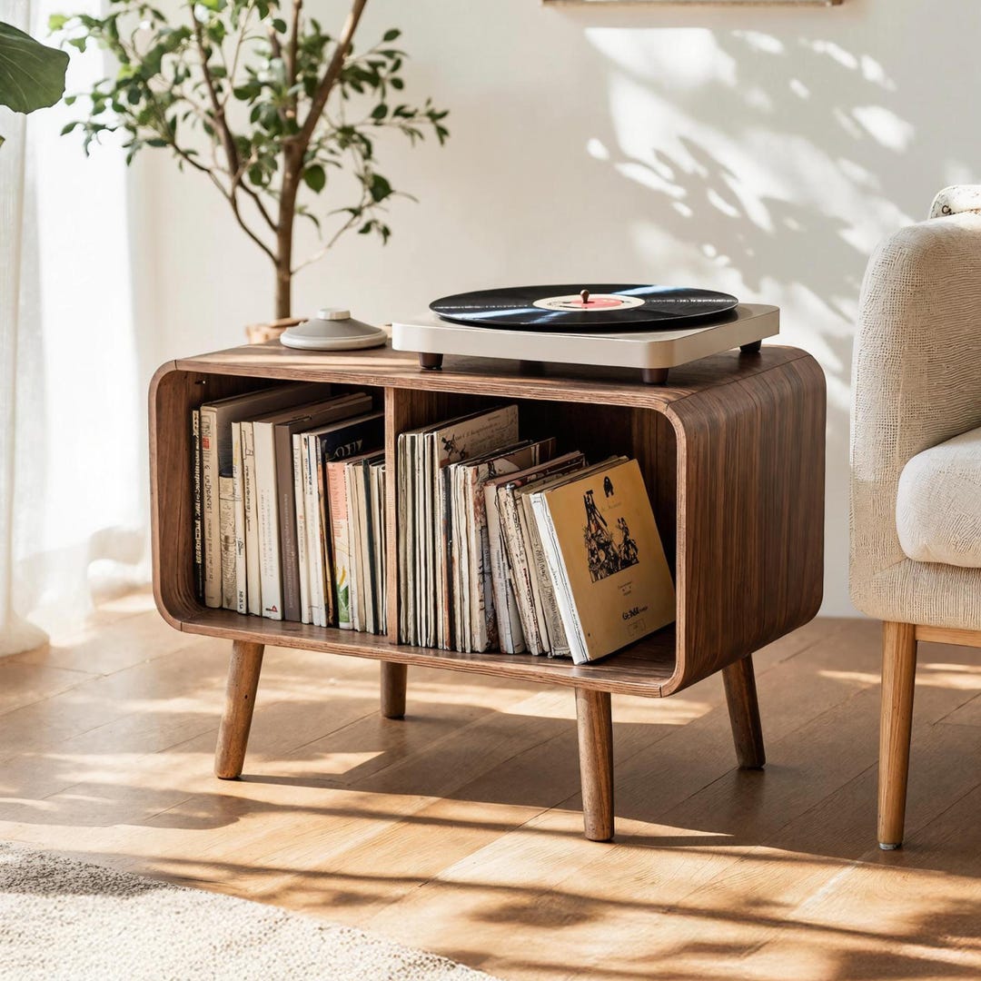 Farmhouse Record Storage Rustic Solid Wood Turntable Stand Media Stereo ...