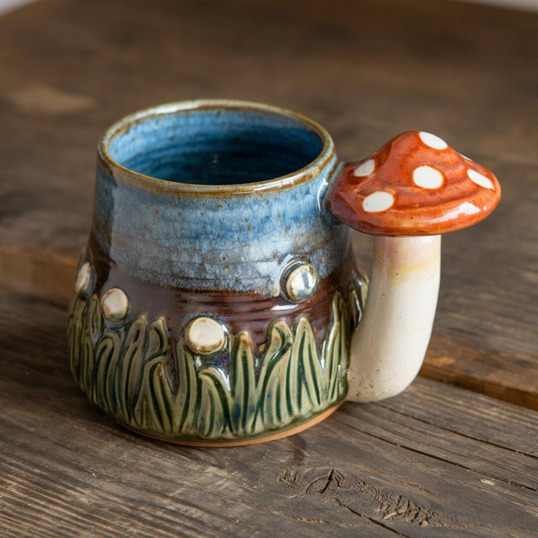 Mushroom Design Ceramic Mug, Frog or Snail Handle, Ceramic Coffee Cup ...