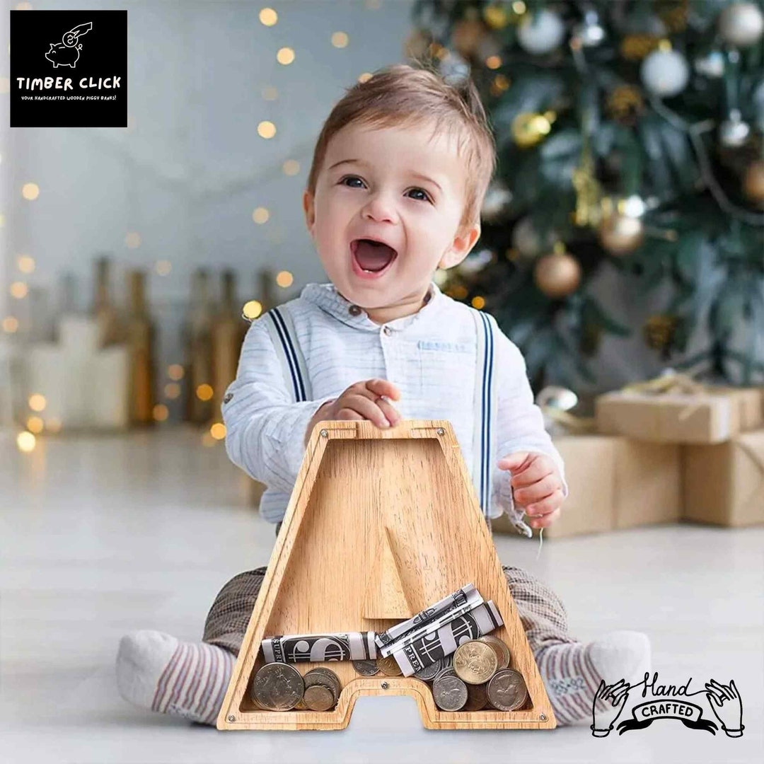 Alphabet Wooden Piggy Bank, Large Letters Transparent Coin Money Saving ...