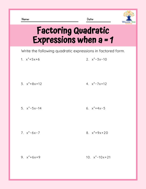 Algebra 1 Factoring Worksheets Factoring Quadratics When A ≠ 1 (ac
