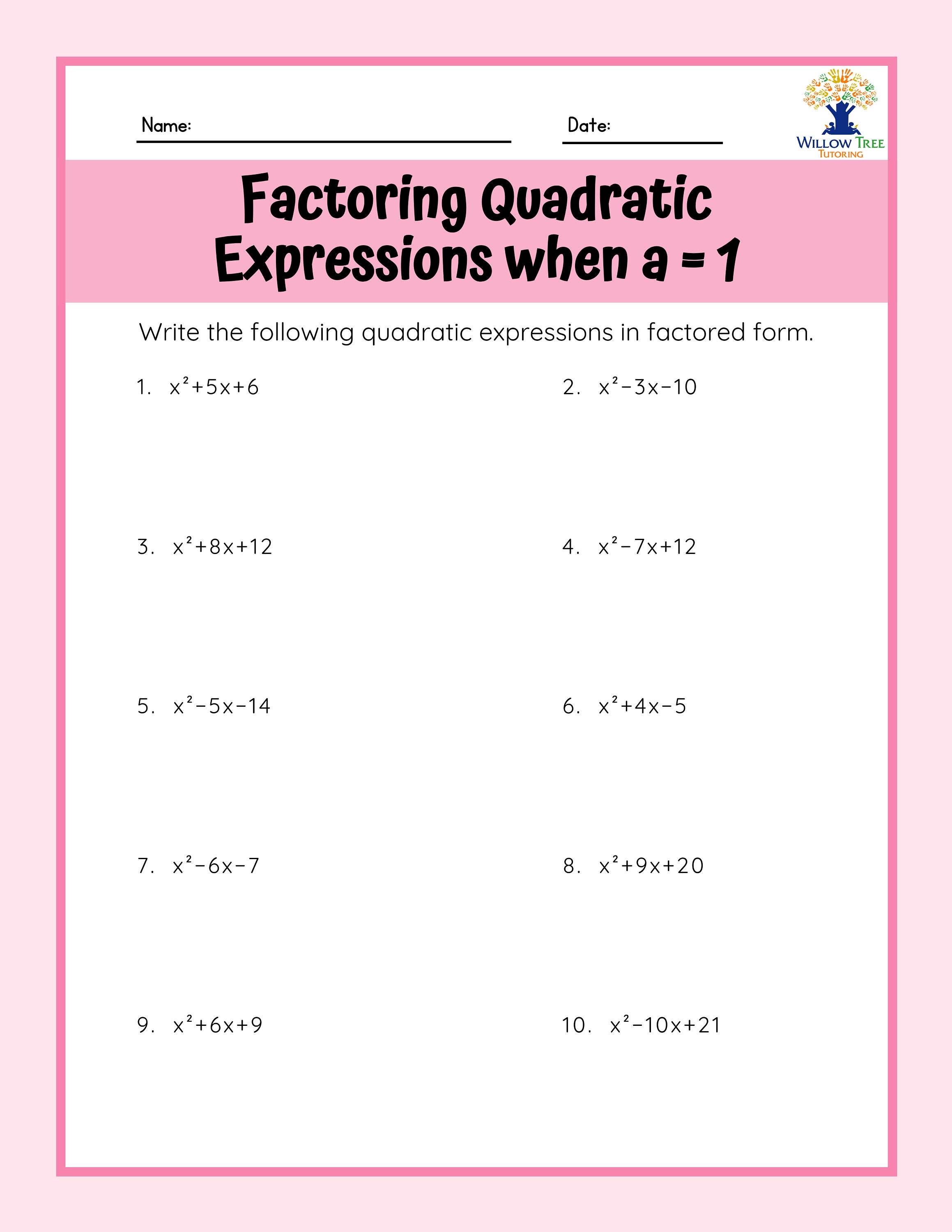 Pre-algebra and Algebra 1 Factoring Quadratics Expressions When A=1 ...