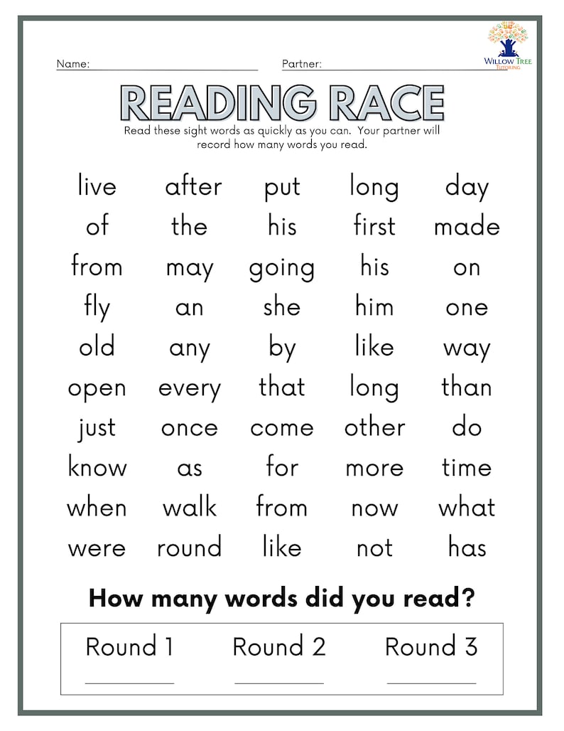 Reading Race Activity 1 - Etsy