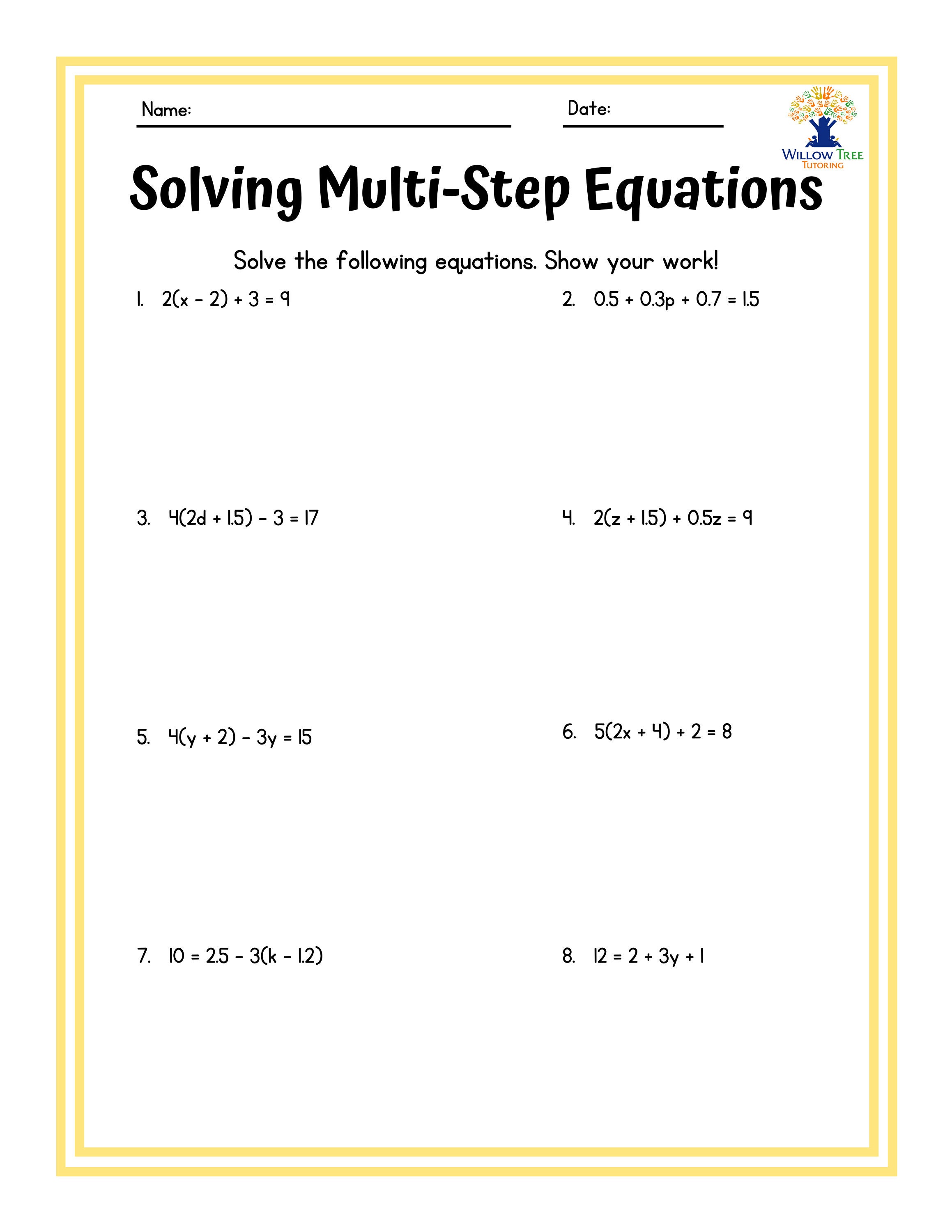 Solving Equations Printable Worksheets