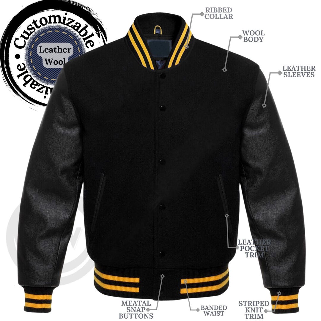 Varsity Letterman Baseball in Black Wool and Genuine Black Leather Sleeves With Gold Ribs ...