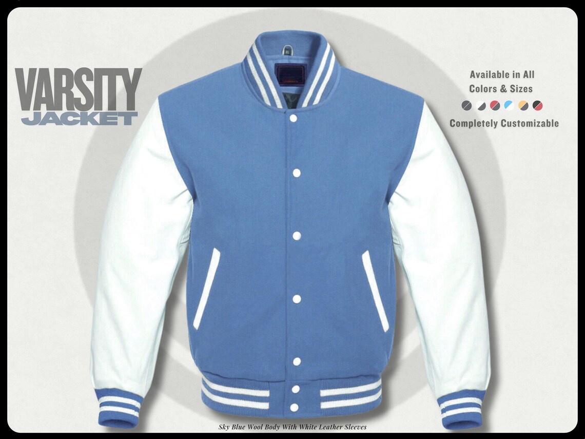 Blue Wool Varsity Jacket: Genuine Leather Sleeves, College Letterman - Etsy
