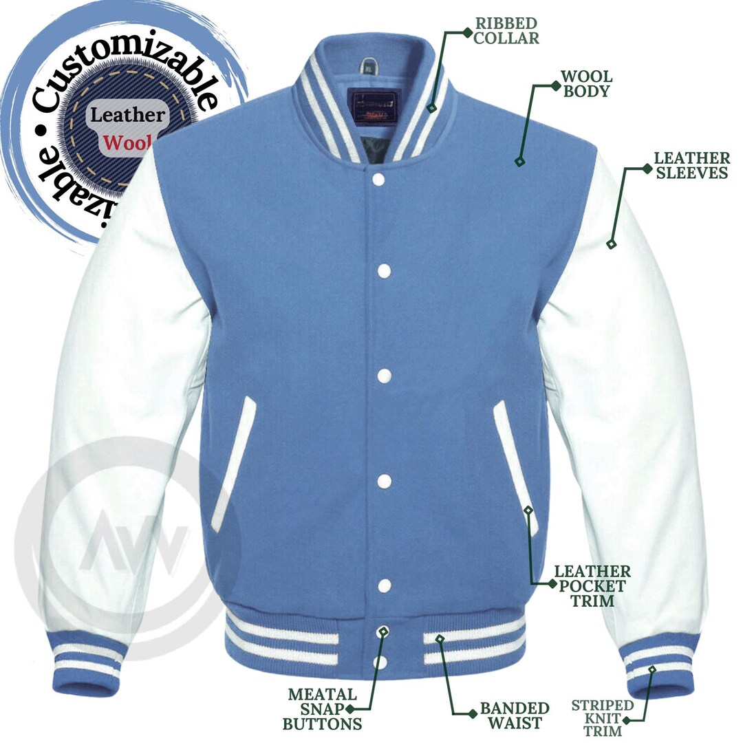 Blue Wool Varsity Jacket: Genuine Leather Sleeves, College Letterman - Etsy