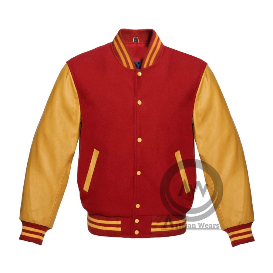 Varsity Letterman Baseball in Red Wool and Genuine Yellow Leather Sleeves Jacket XS 7XL Sizes - Etsy
