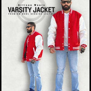 Red Wool Varsity Jacket: Cream Leather Sleeves, College Letterman - Etsy