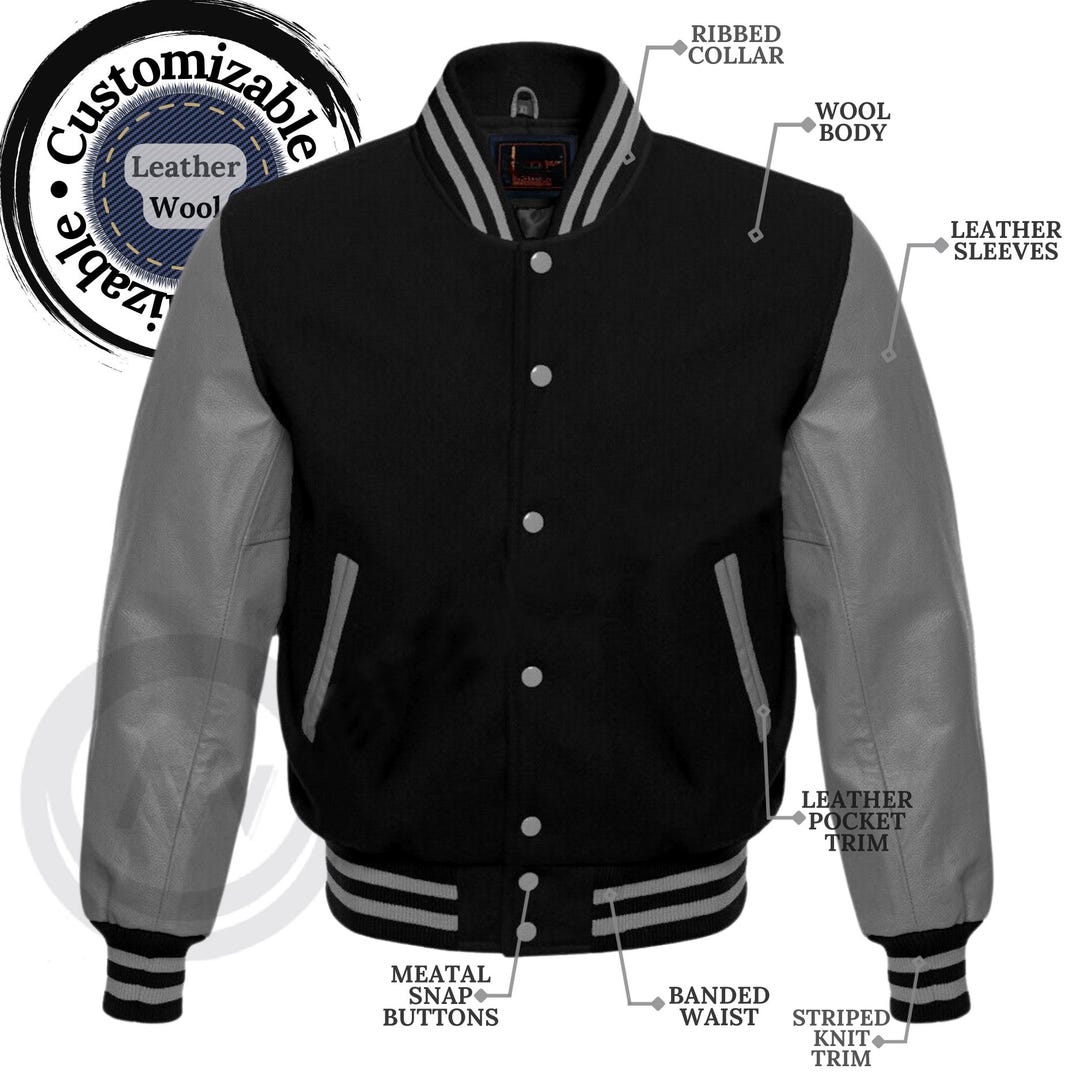 Varsity Jacket in Black Wool and Genuine Grey Leather Sleeves for ...