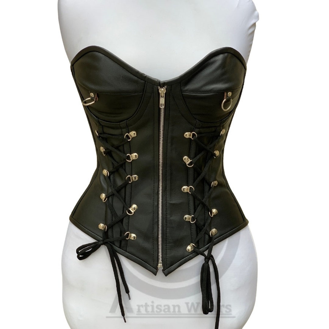 Women Handmade Corset Black Leather Steel Boned Overbust Corset With ...