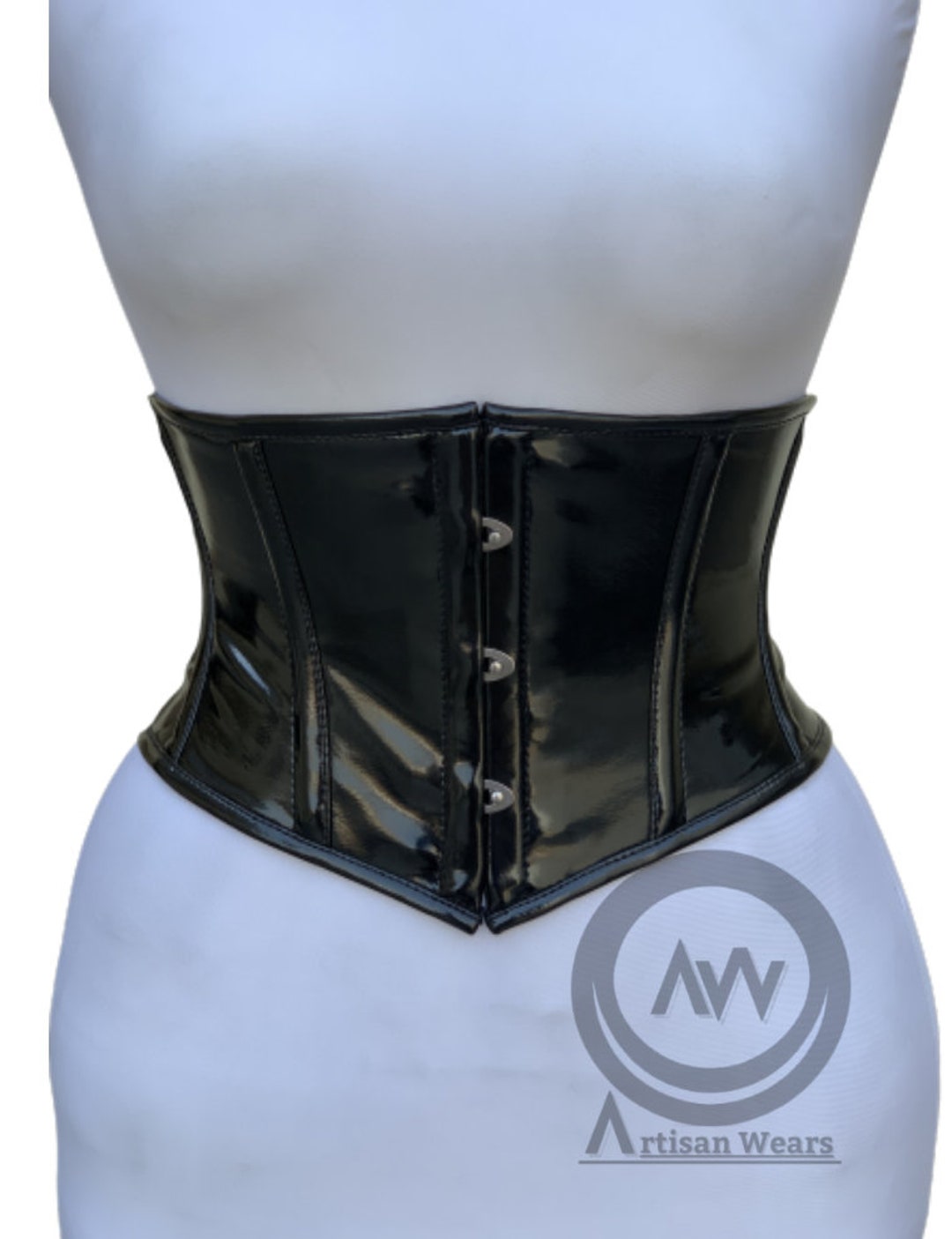 Women Handmade Black Pvc Steel Boned Underbust Corset Truly Waist