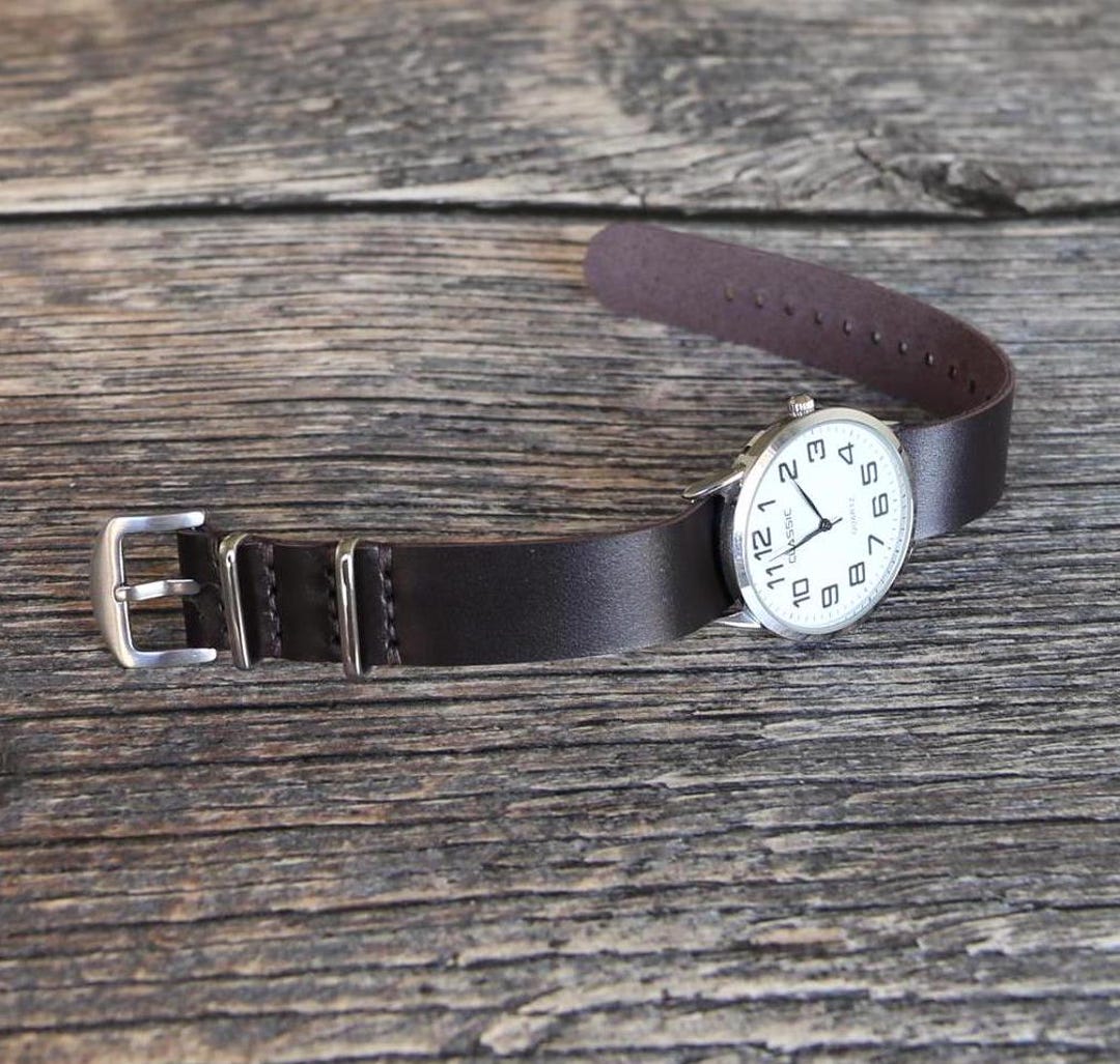 Slim Leather Watch Strap - Handmade, Single-pass Leather Band in Dark ...