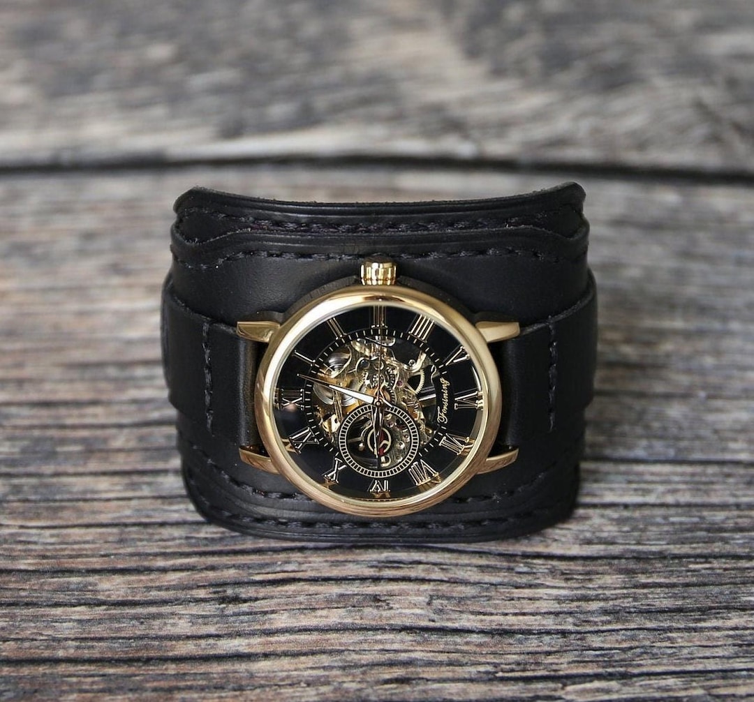 Men's Skeleton Watch: Handmade Black Leather Bund Strap, Gold Frame - Etsy