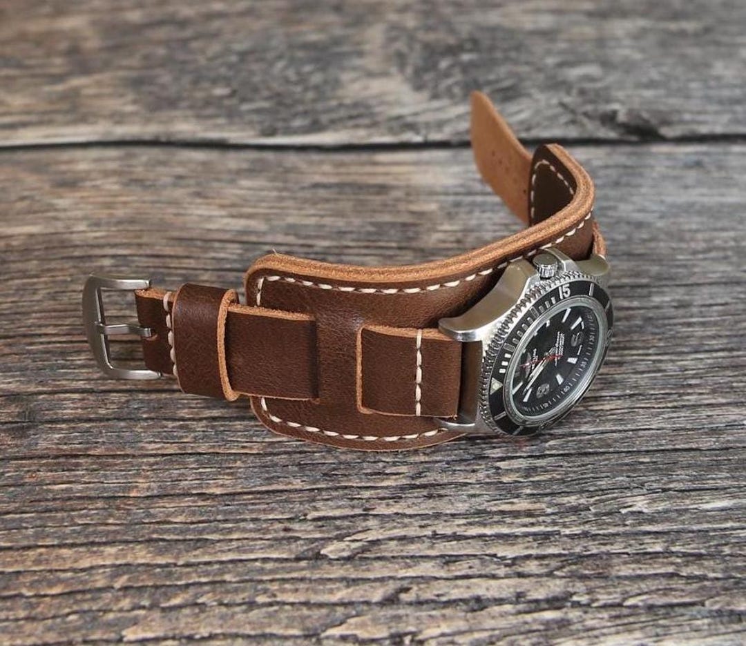 Horween Leather Bund Watch Strap: Handmade Aviator Cuff Band - Etsy