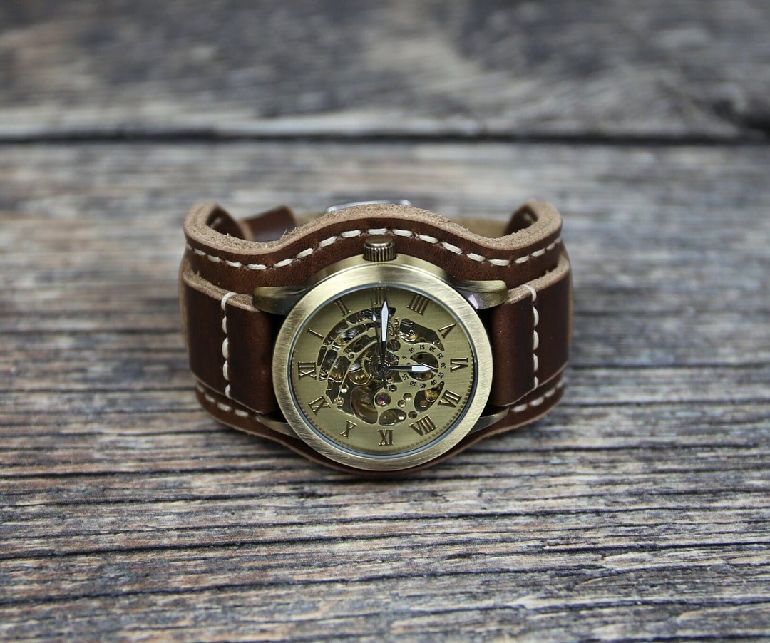Automatic Watch Steampunk Style, Brown Horween Leather Watch Strap With ...