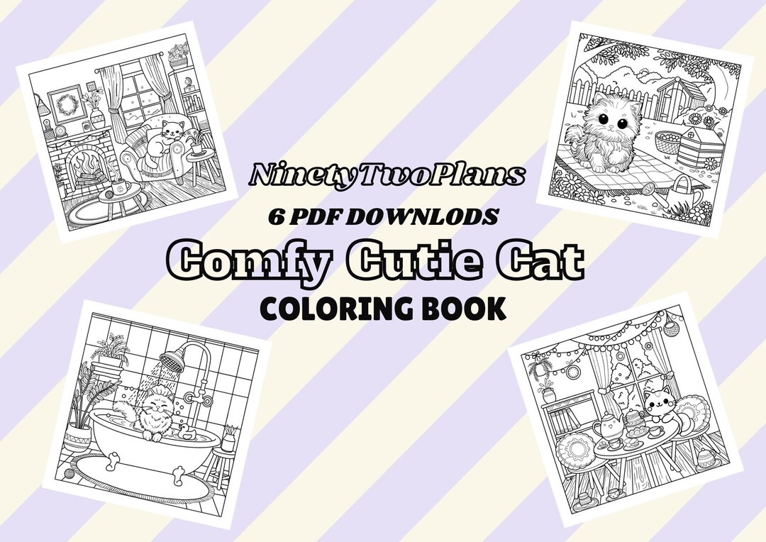 Cute Kitty Cat Coloring Page | 6 Cute & Cozy Cat | Instant Download PDF ...