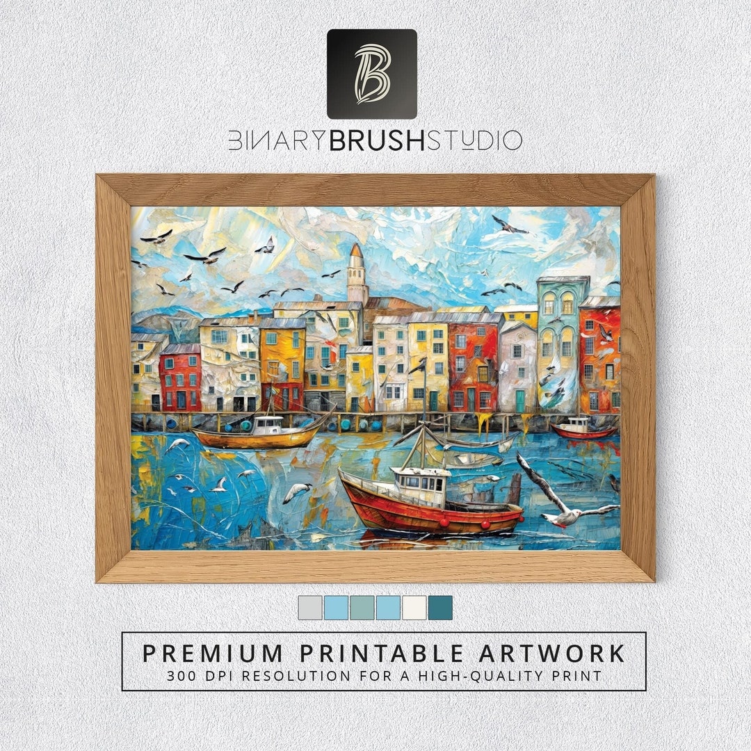 Coastal Wall Art - Harbor Scene Printable | Nautical Digital Art for ...