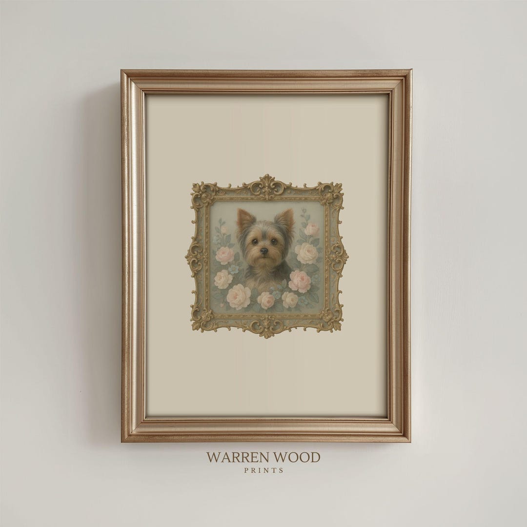 Yorkshire Terrier Wall Art Print, Neutral Dog Portrait, Floral Gold ...