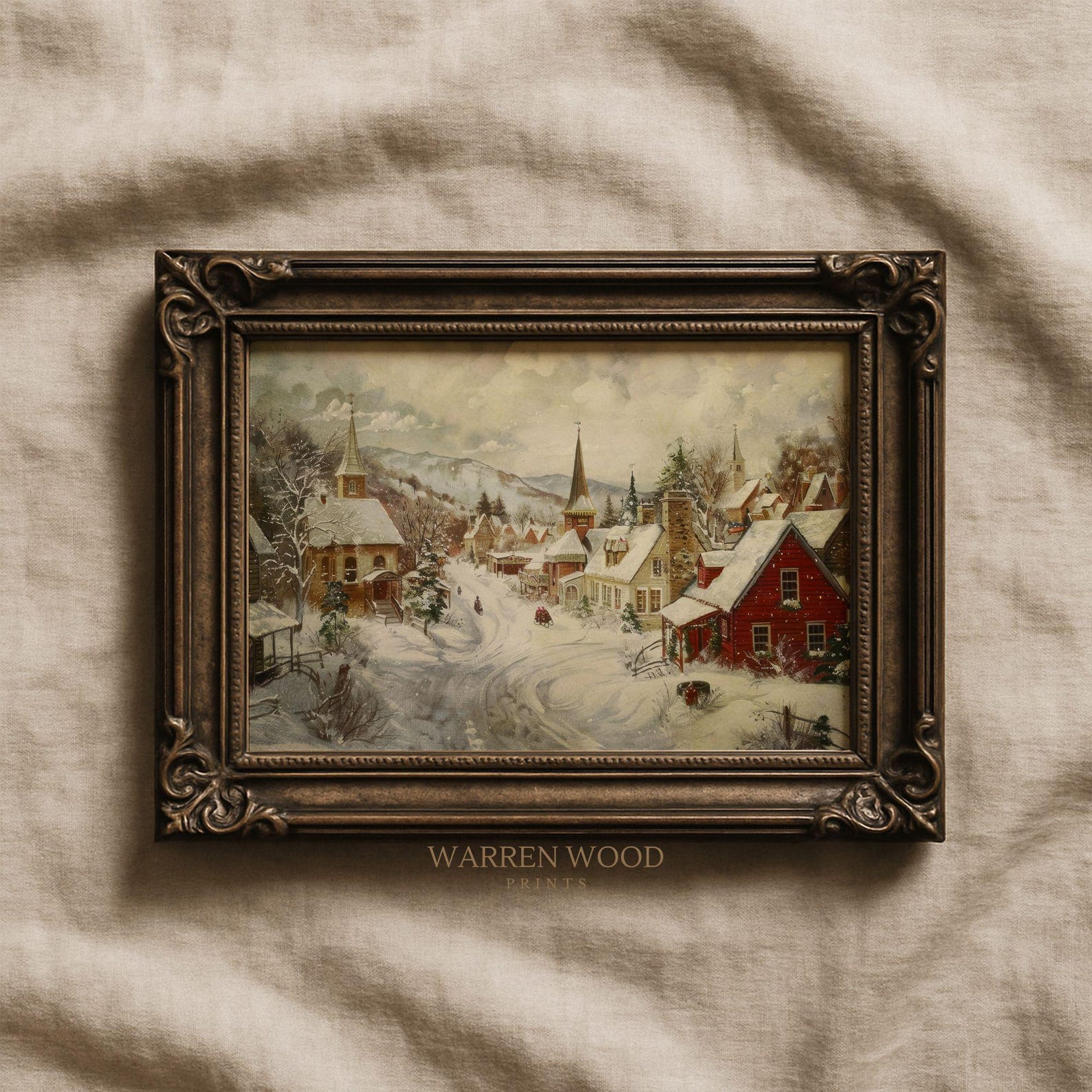 Vintage Snowy Village Print, Rustic Christmas Wall Art, Beige and Red ...