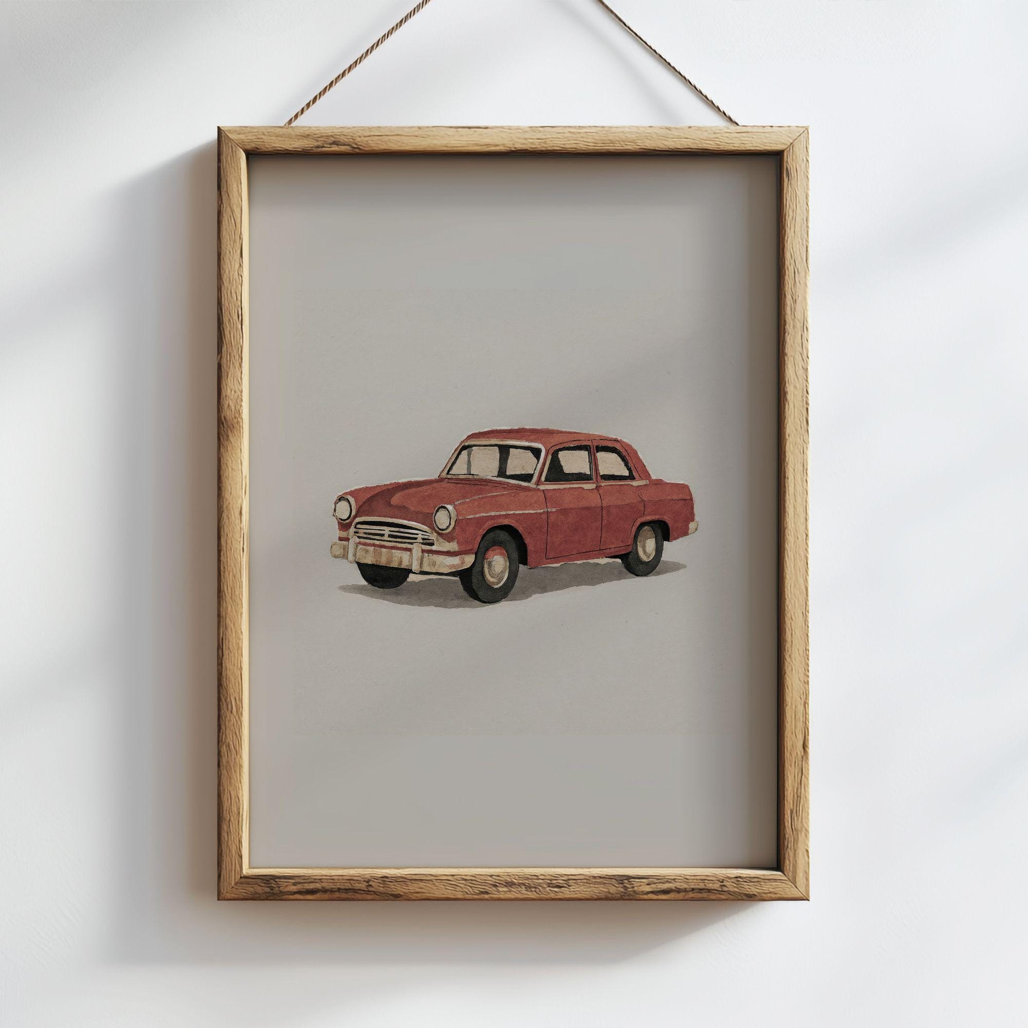 Vintage Red Car Print, Rustic Car Wall Art, Neutral Auto Illustration ...