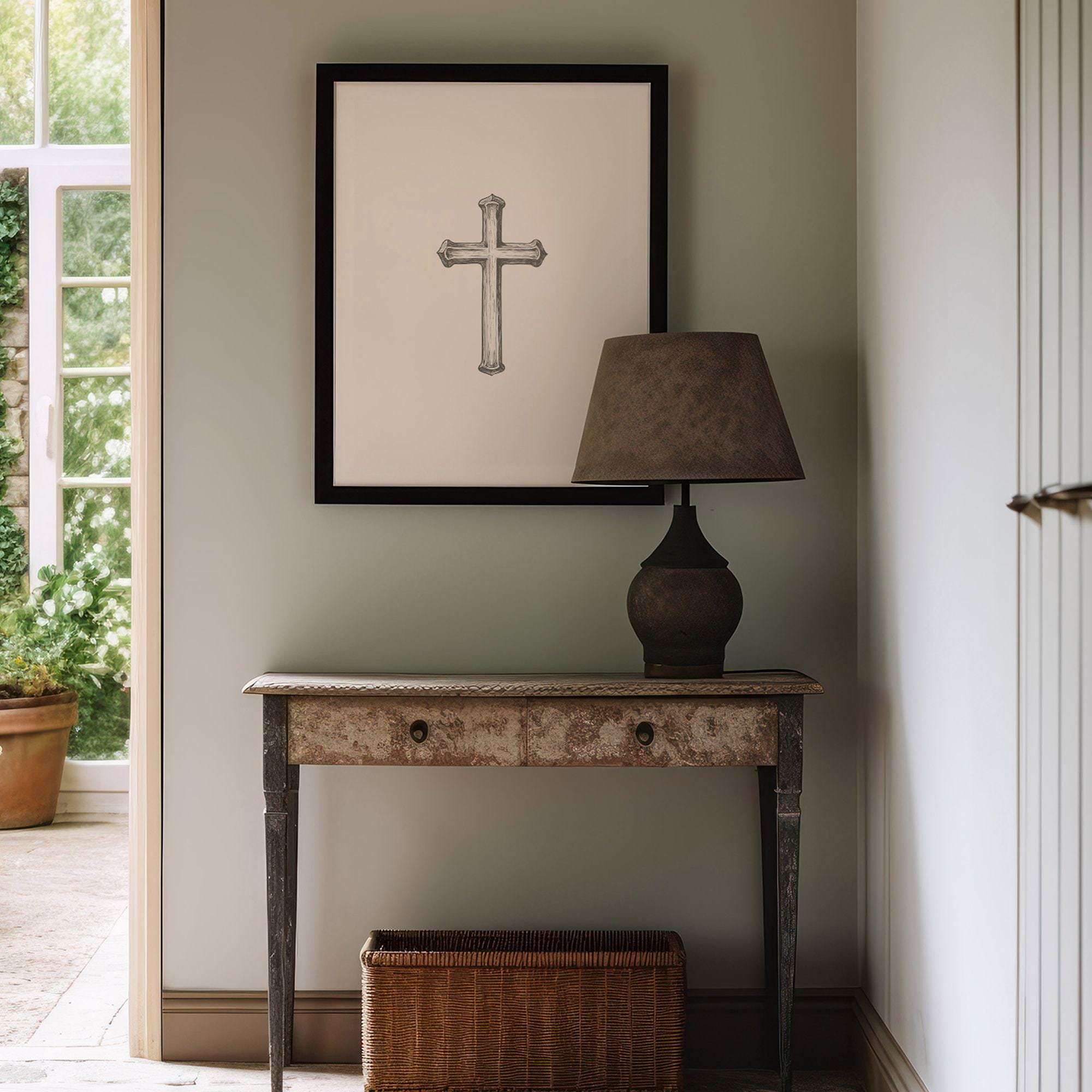 Rustic Cross Wall Art, Neutral Beige Christian Print, Washed Black ...