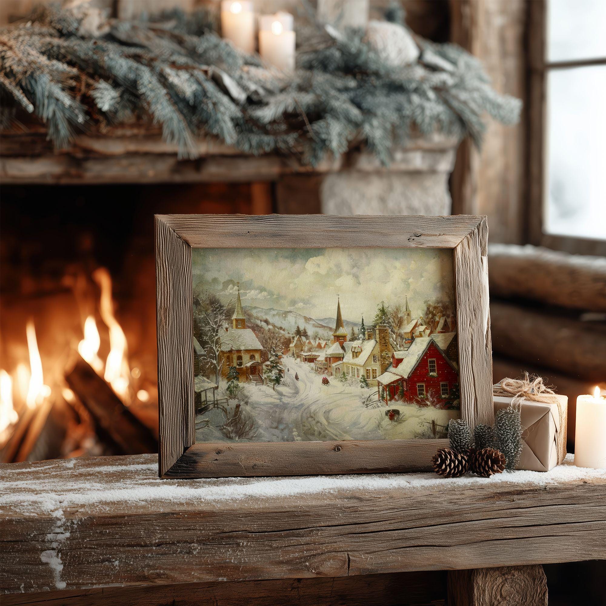 Vintage Snowy Village Print, Rustic Christmas Wall Art, Beige and Red ...