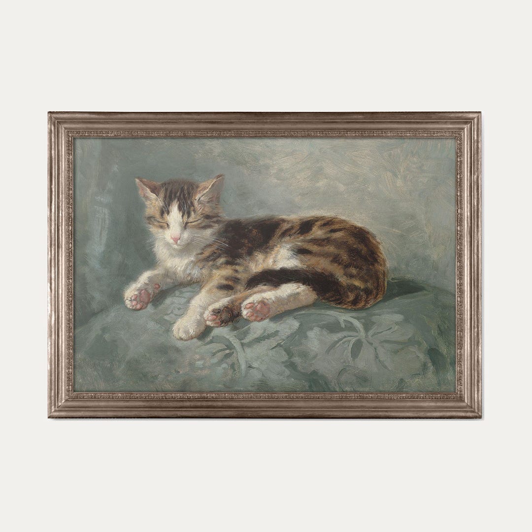 Vintage Sleeping Cat Print, 18th Century Tabby Painting, Muted Sage ...