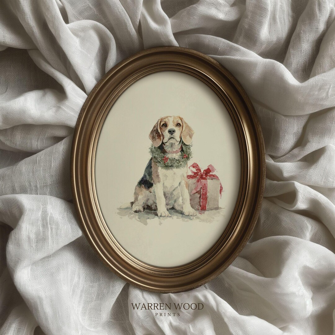 Vintage Christmas Beagle Print, Rustic Dog Wall Art, Antique Holiday ...