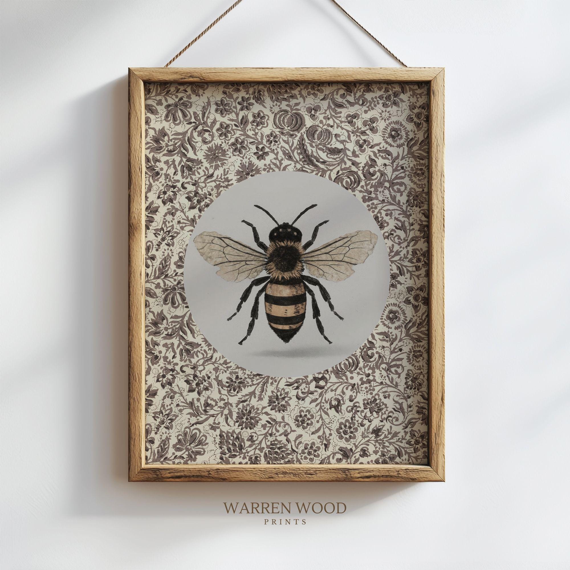 Rustic Honey Bee Print, Vintage Floral Insect Art, Cream Brown Wall ...