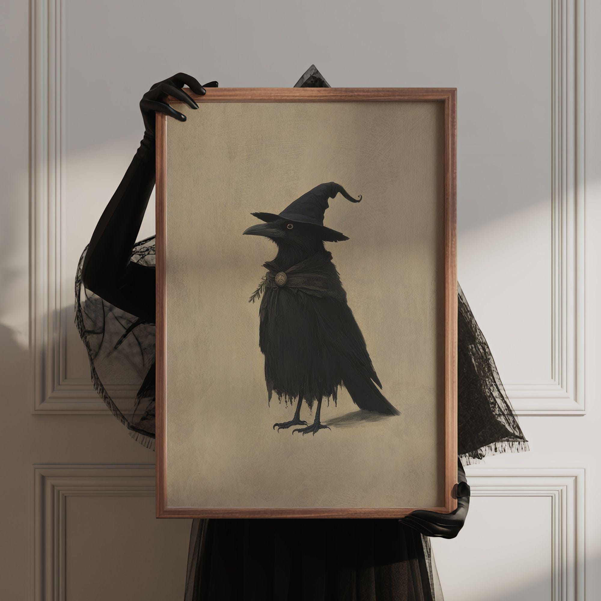 Crow Witches Hat Print, Rustic Halloween Wall Art, Whimsical Vintage ...