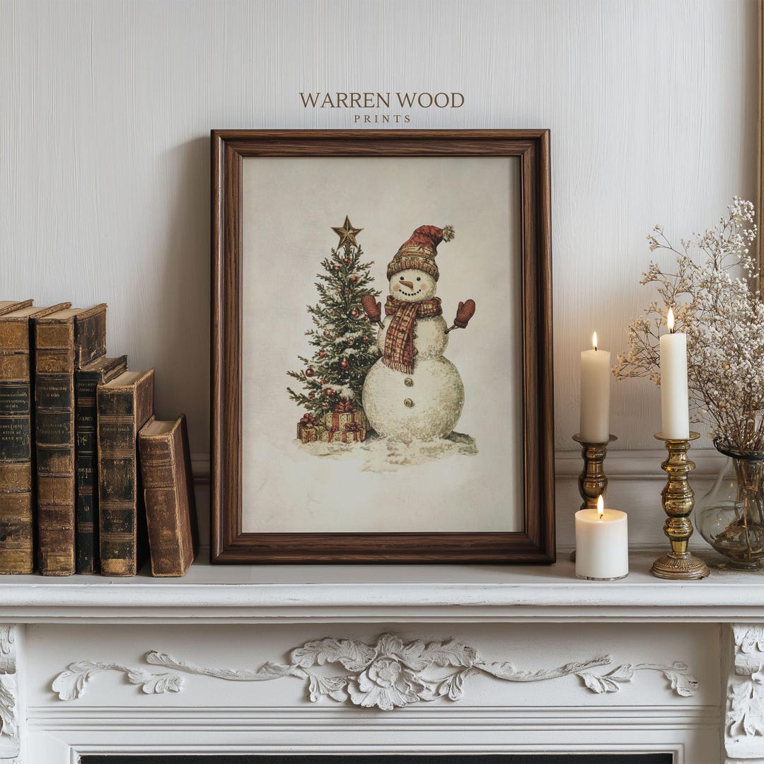 Antique Snowman & Tree Print, Rustic Vintage Christmas Wall Art ...