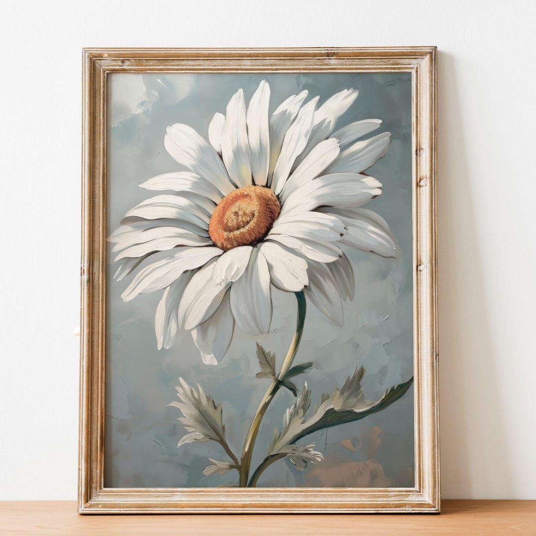 Rustic Daisy Print, Vintage Floral Wall Art, Muted Blue Grey Decor ...