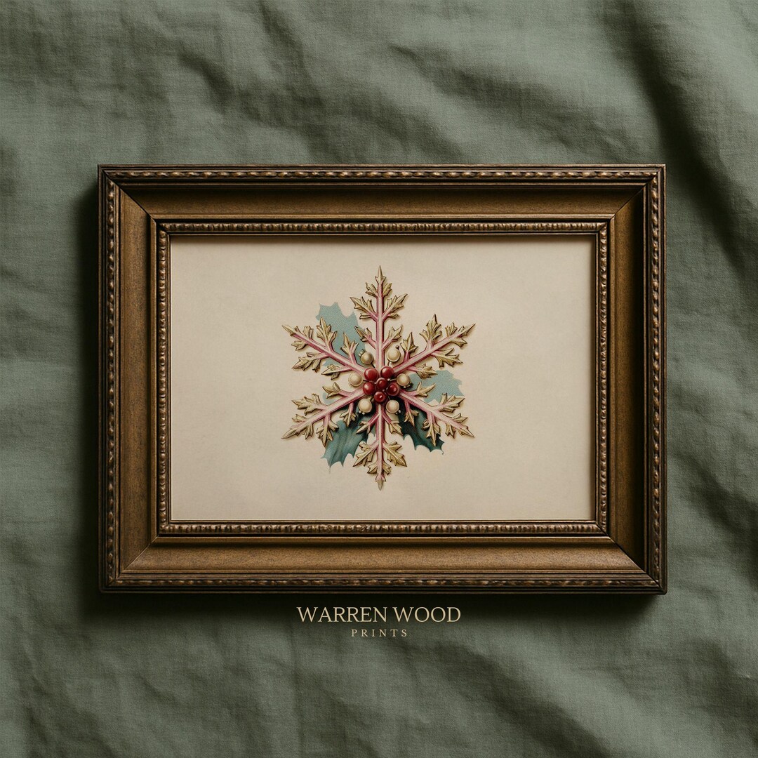 Vintage Snowflake Holly Print, Neutral Christmas Wall Art, Beige ...