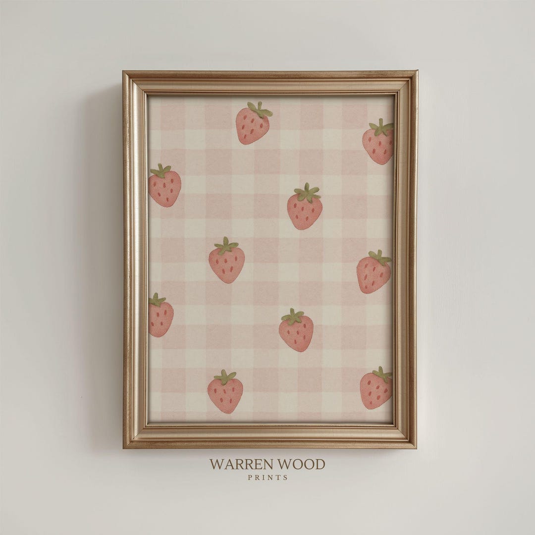 Vintage Strawberry Gingham Print, Pink Nursery Wall Art, Cottagecore ...