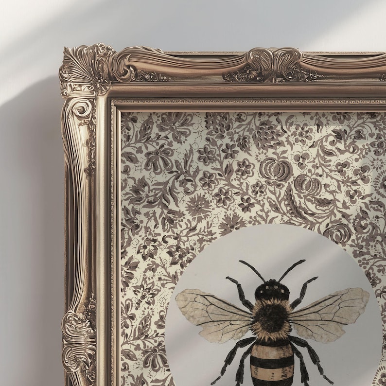 Rustic Honey Bee Print, Vintage Floral Insect Art, Cream Brown Wall ...