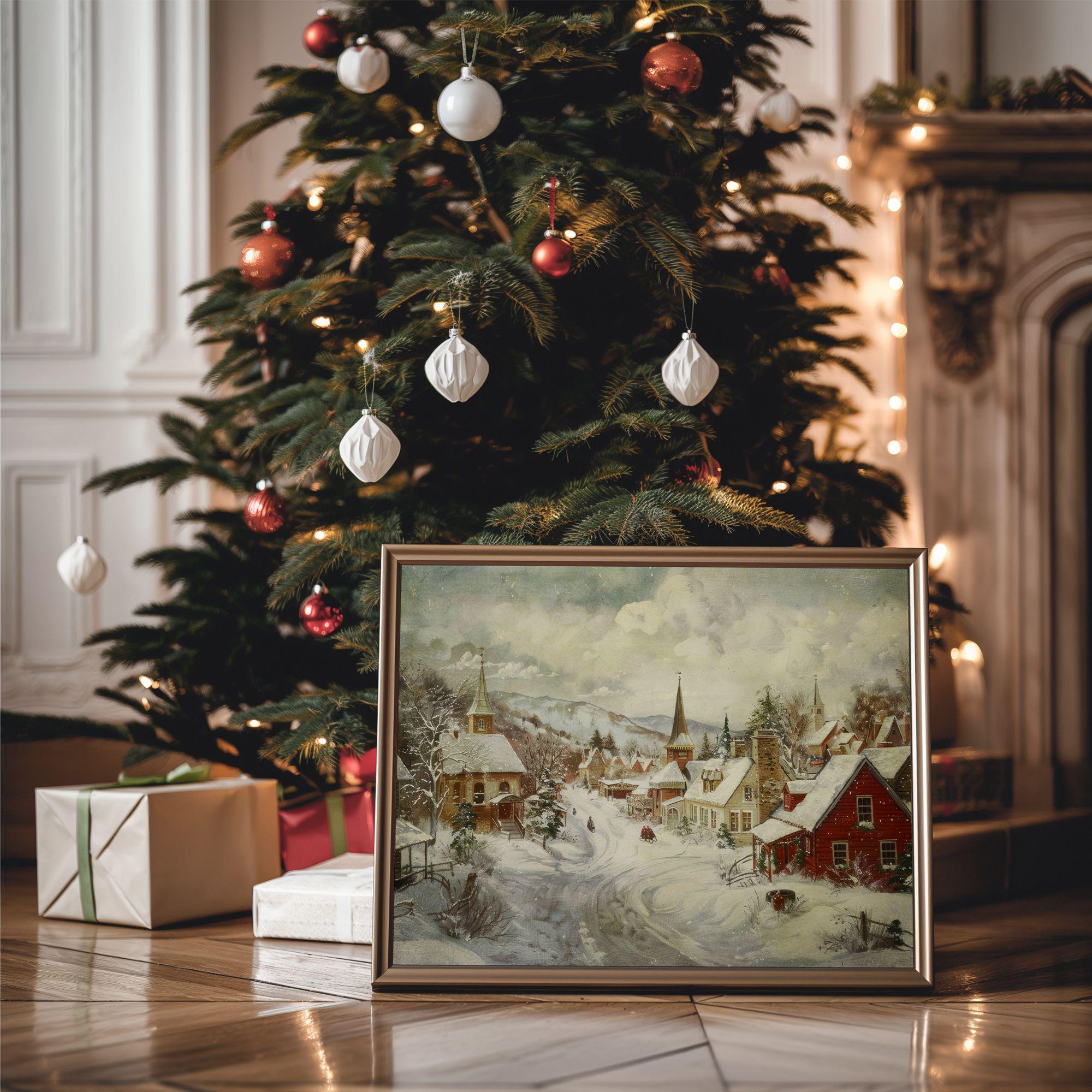 Vintage Snowy Village Print, Rustic Christmas Wall Art, Beige and Red ...