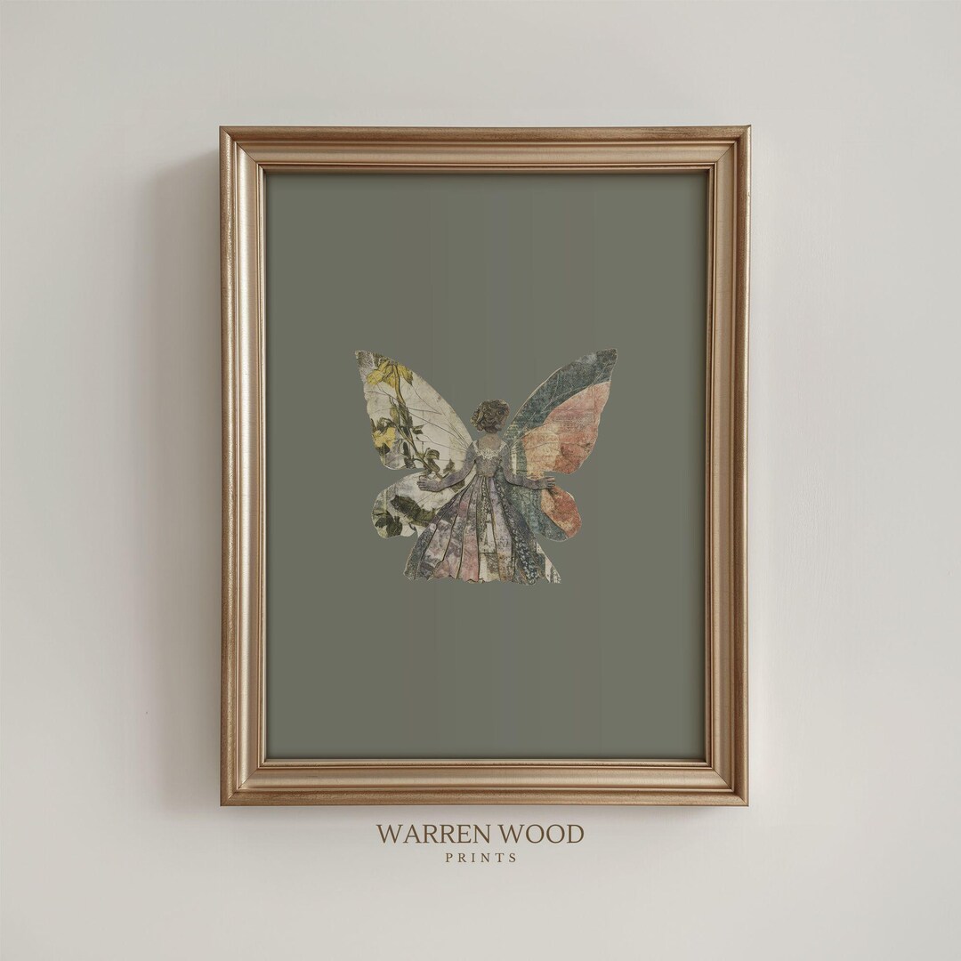 Vintage Fairy Silhouette Print, Dark Sage Green Wall Art, Botanical ...