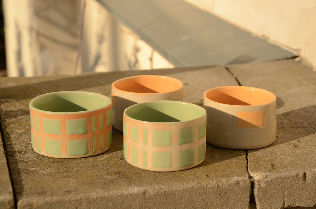 Set of 4 Handbuilt Ceramic Cups in Geometric Pattern, Orange, Pale ...