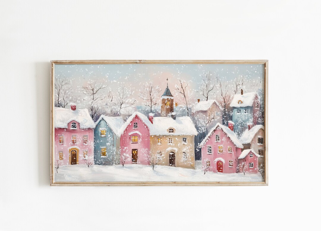 Pink Christmas Village Frame TV Art: Snowy Holiday Decor (digital ...