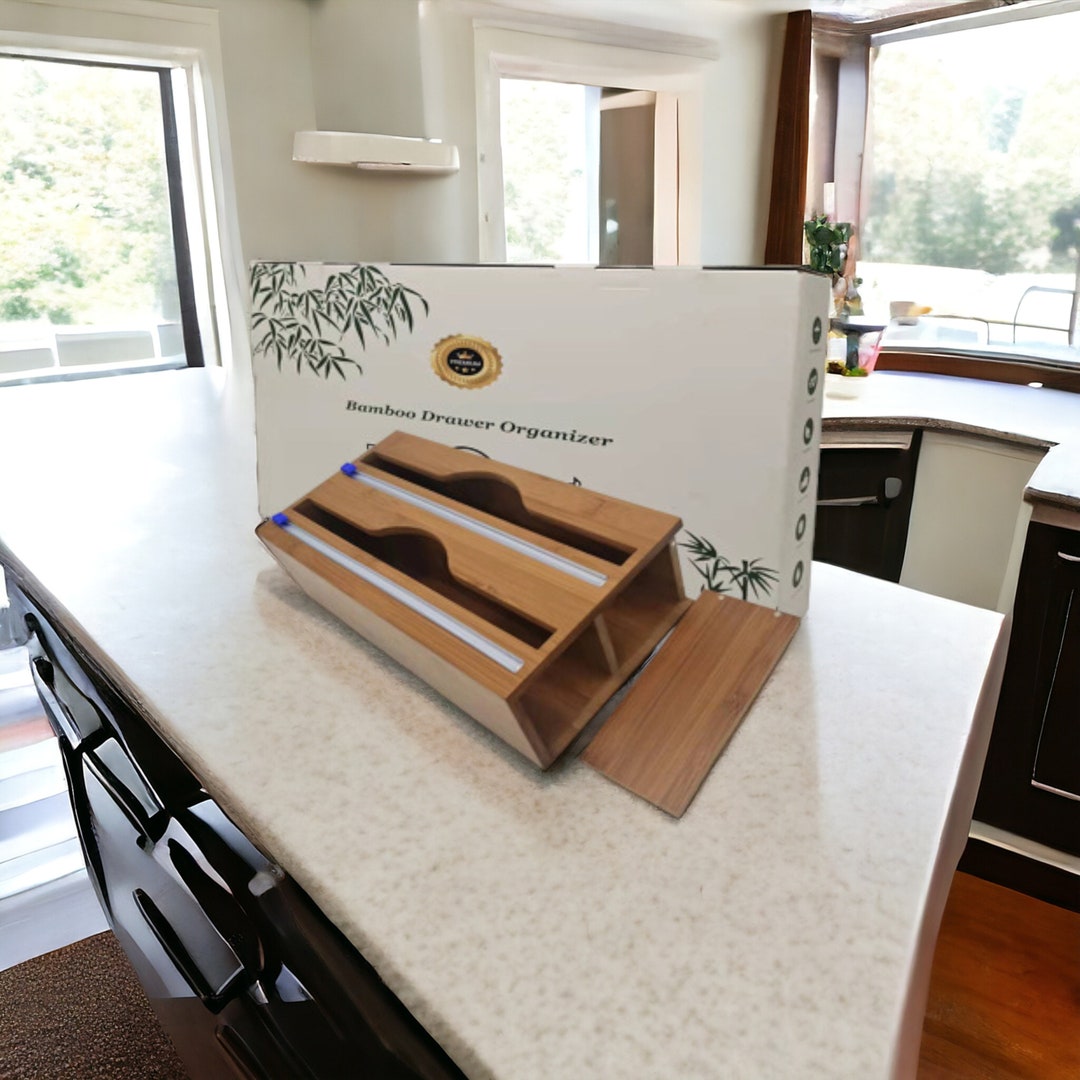 Bamboo Cling Film Cutter Box kitchen Gadget Dispenser, Foil and Plastic ...