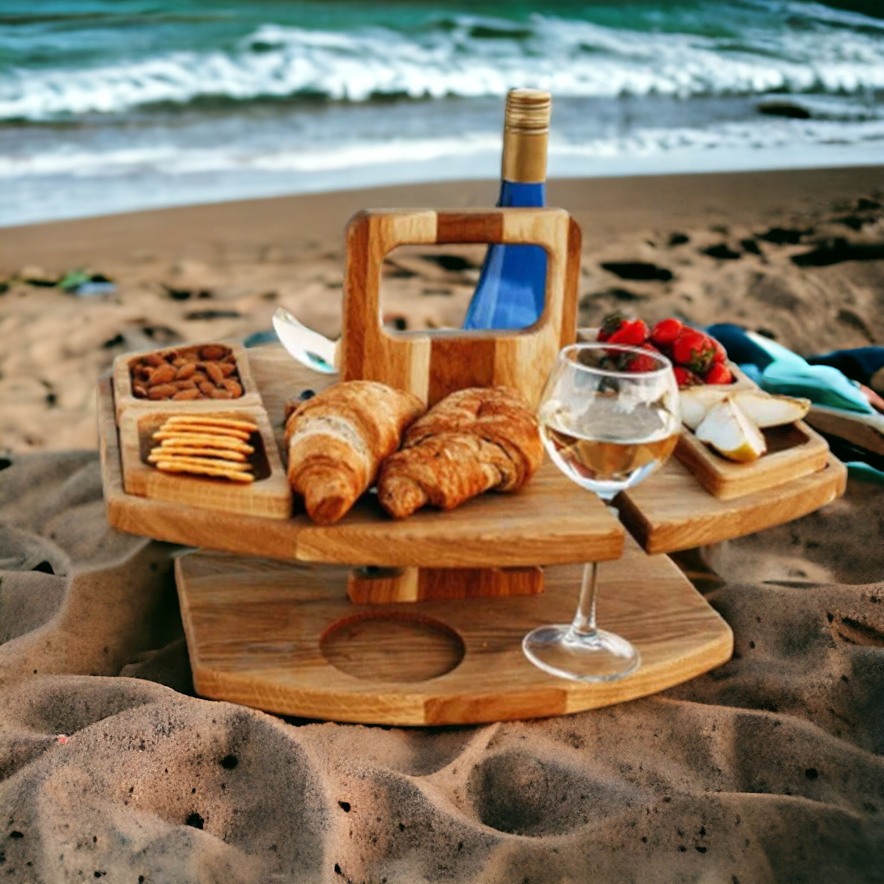 Wooden Folding Picnic Table With Glass Holder Portable Outdoor Foldable ...