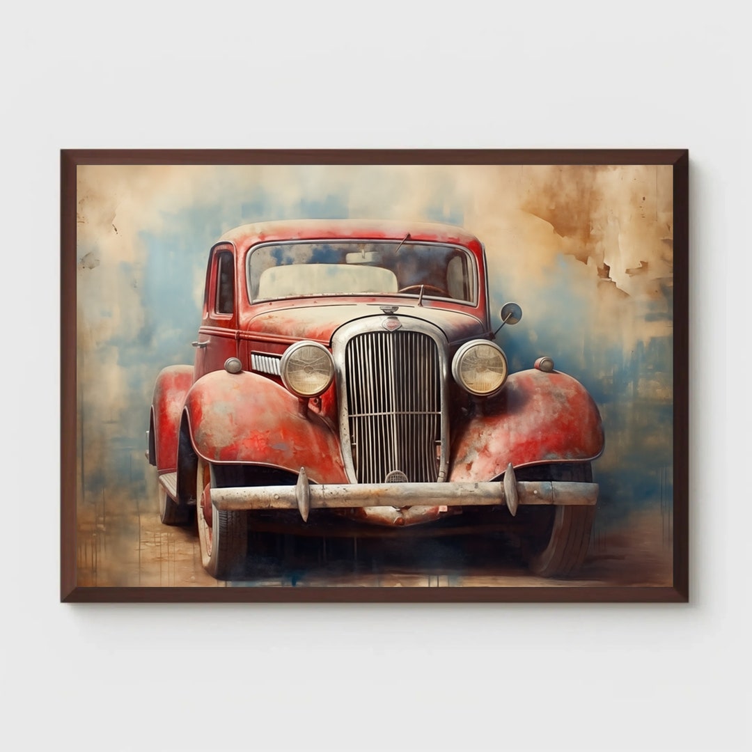 Vintage Car Art | Auto Painting | Red Car Decoration | Automobile ...
